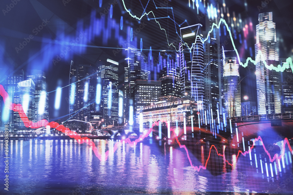 Financial chart on city scape with tall buildings background multi ...