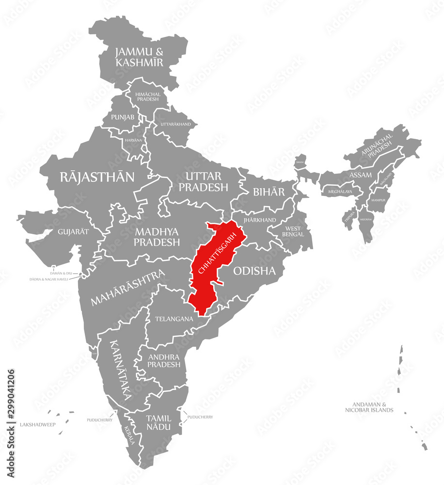 Chhattisgarh red highlighted in map of India Stock Illustration | Adobe ...