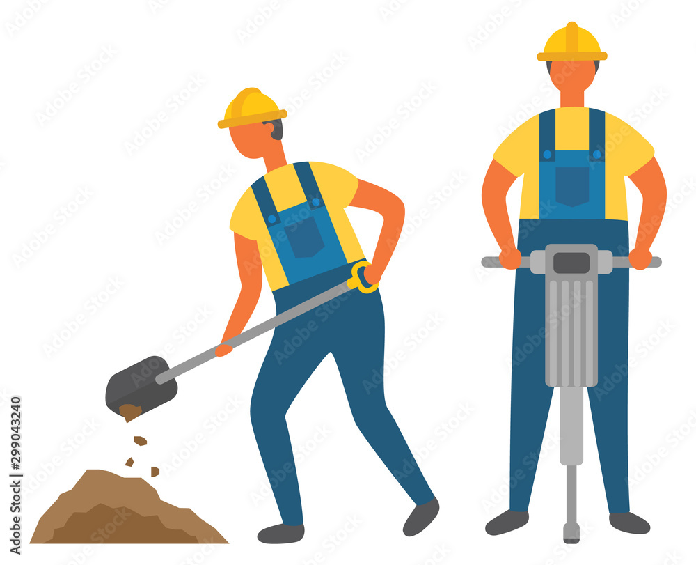 Workers digging and drilling ground, construction works. Men in ...