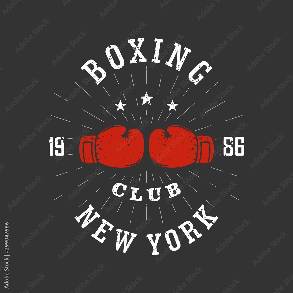 Color illustration in grunge textured boxing gloves and text with rays ...