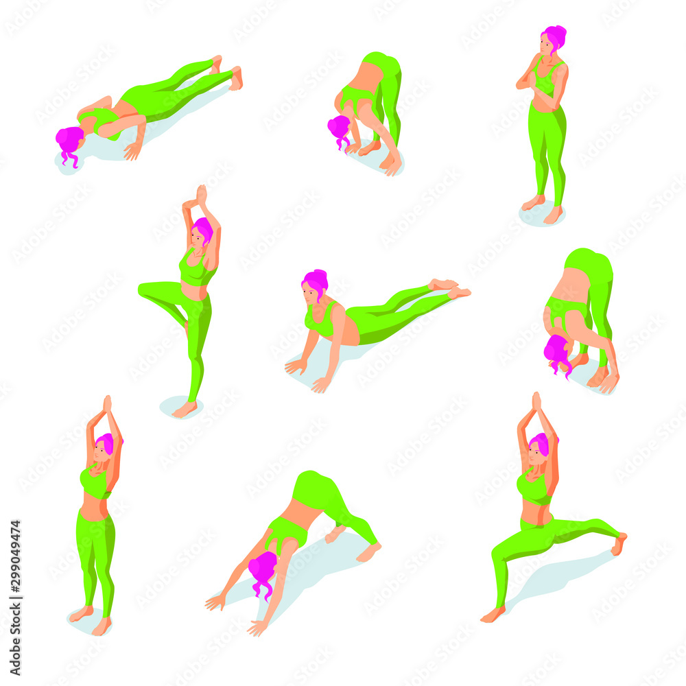 Isometric yoga poses vector illustration of a girl in neon colors Stock ...
