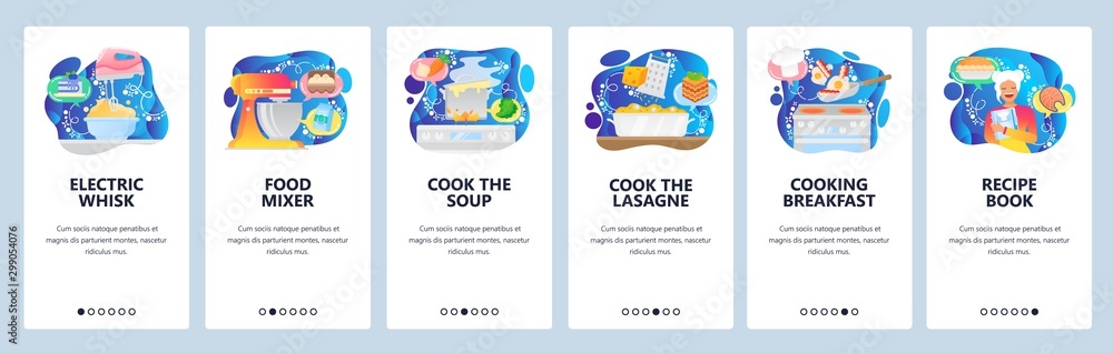 Mobile app onboarding screens. Cooking breakfast meal, food mixer ...