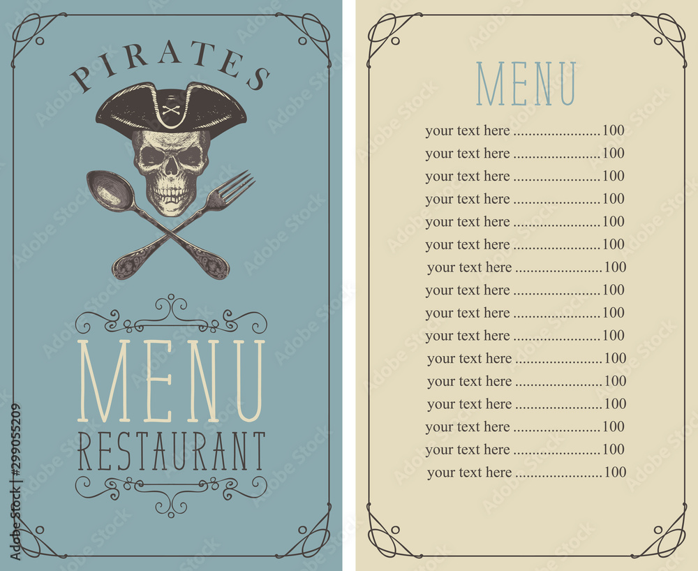 Vector menu for fresh seafood with hand-drawn human skull in pirate hat ...