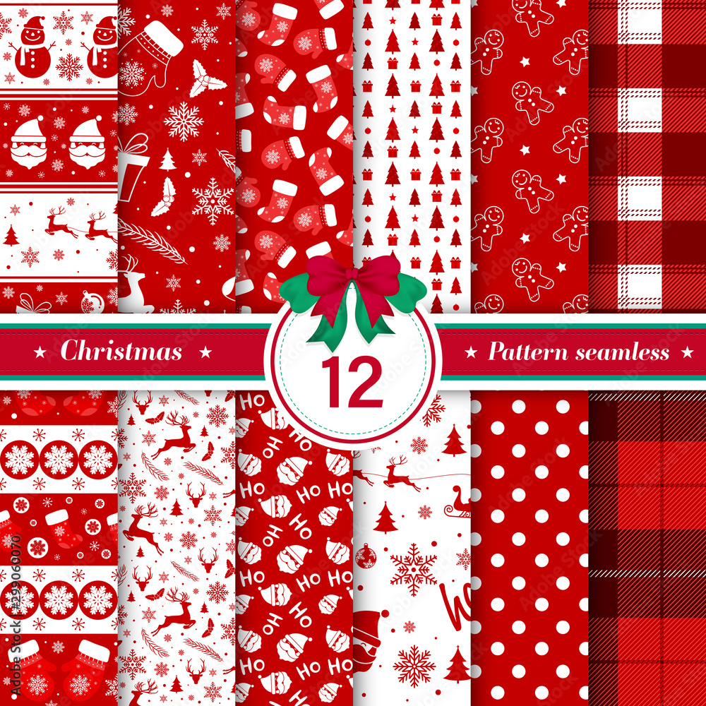 Merry Christmas pattern seamless collection. Set of 12 red and white X ...