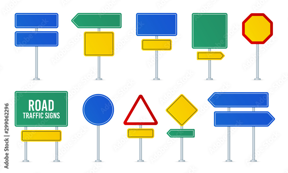 Road traffic vector signs set. Direction arrow, information board ...