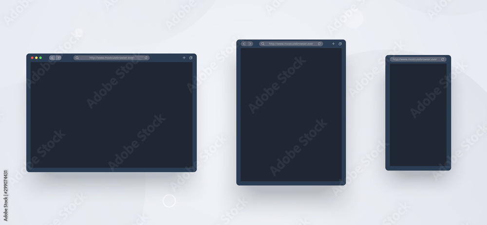 Browser mockup set web, mobile and tablet size in dark theme. Template ...