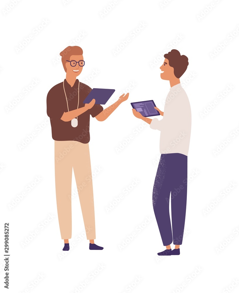 Businessmen with tablets flat vector illustration. Colleagues having ... Businessmen with tablets flat vector illustration. Colleagues having ...