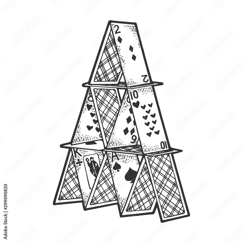 Card tower house of cards sketch sketch engraving vector illustration ...