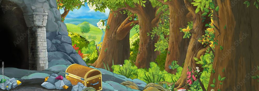 cartoon scene in the forest with hidden entrance to the old mine ...
