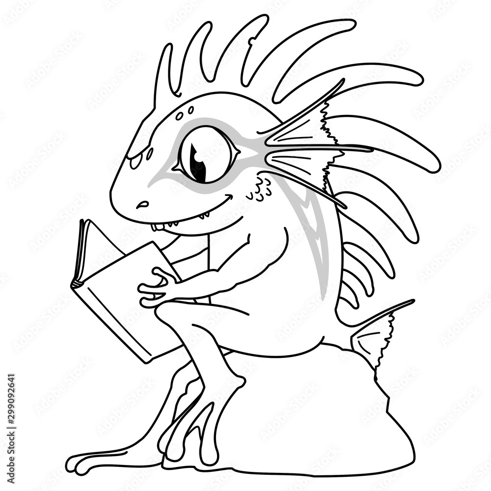 Fish monster sitting on a stone and reading book. Illustration line art ...