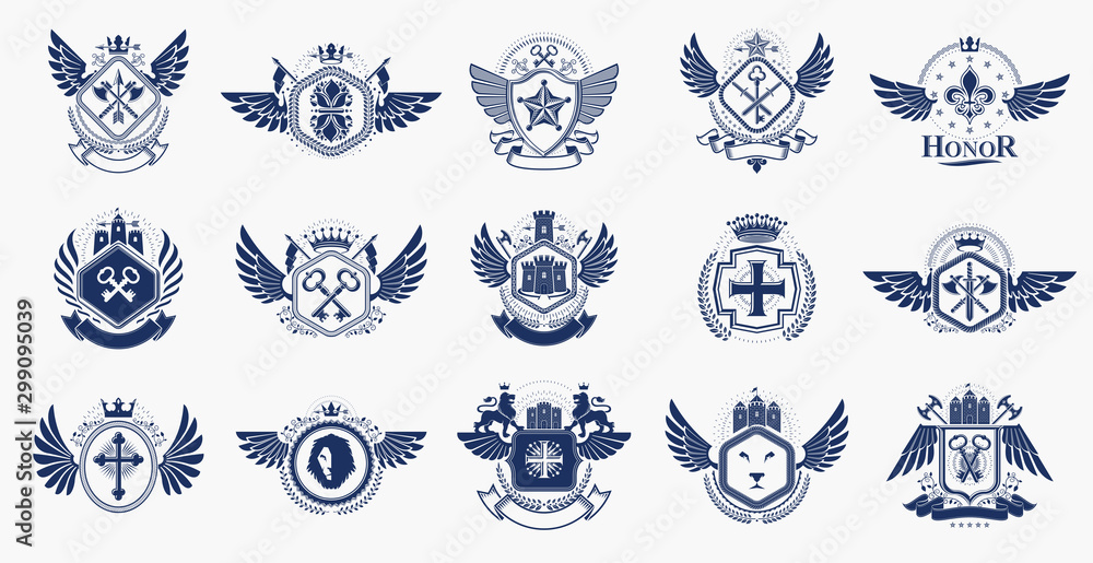 Classic style emblems big set, ancient heraldic symbols awards and ...