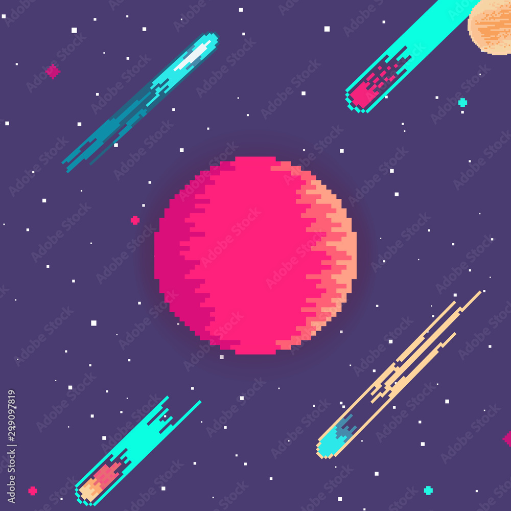 Planet in space. Retro game design interface. Retro computer stars for ...