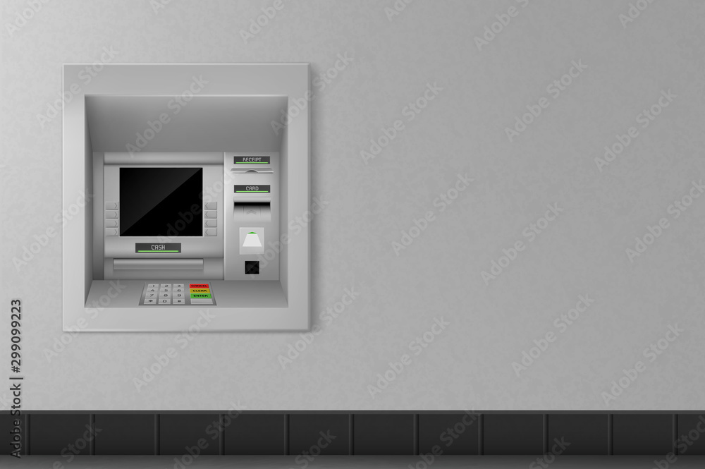 Atm machine on grey wall background, automated teller with black ...