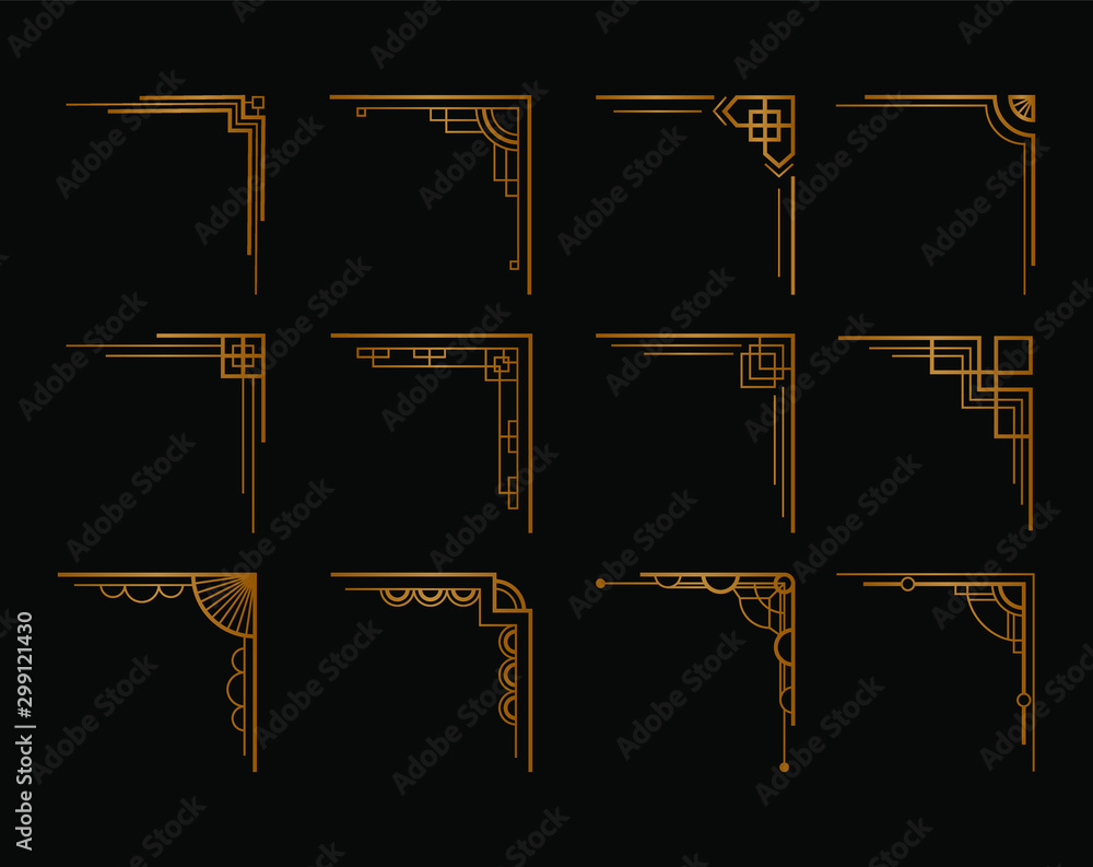 Vintage 1920s art deco corner set. Vector golden geometric template ...