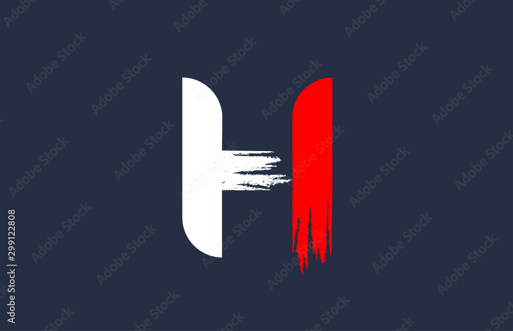 H white red blue alphabet letter with grunge brush ending for company ...