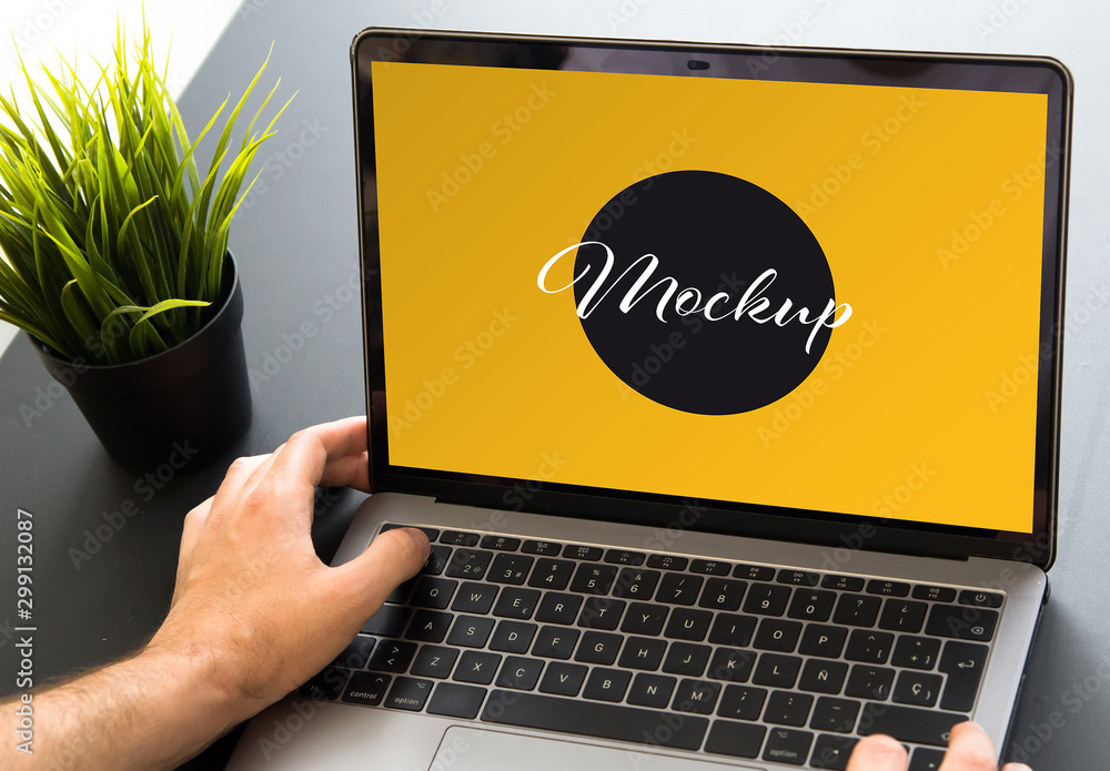 Laptop Screen Mockup with Hands Stock Template | Adobe Stock