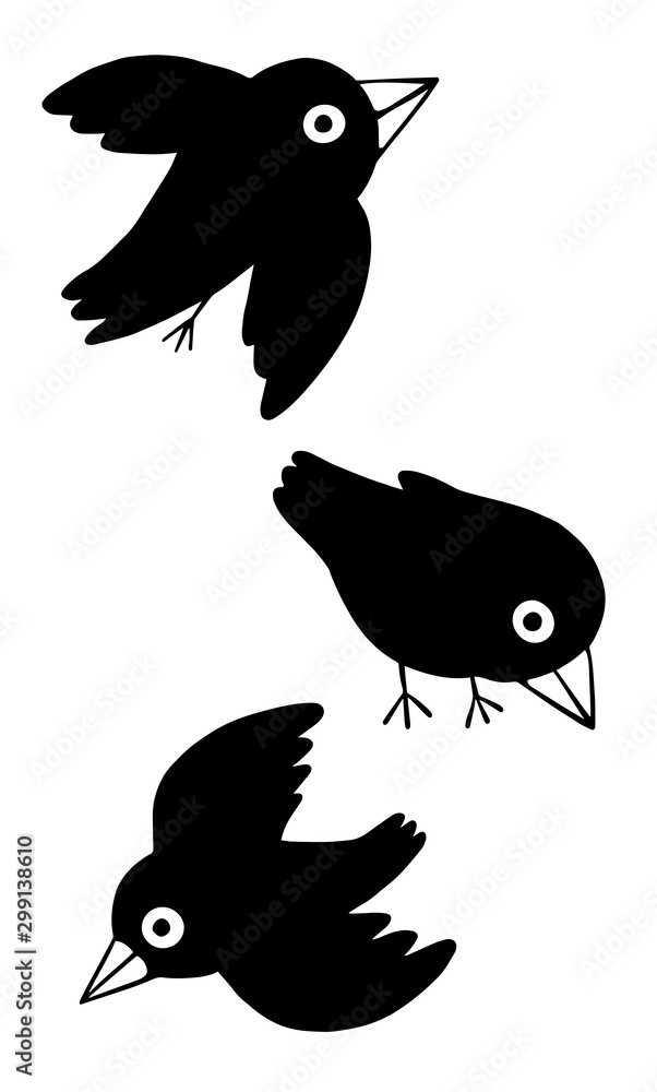 Hand drawn graphic vector illustration. Collection of cartoon ravens ...