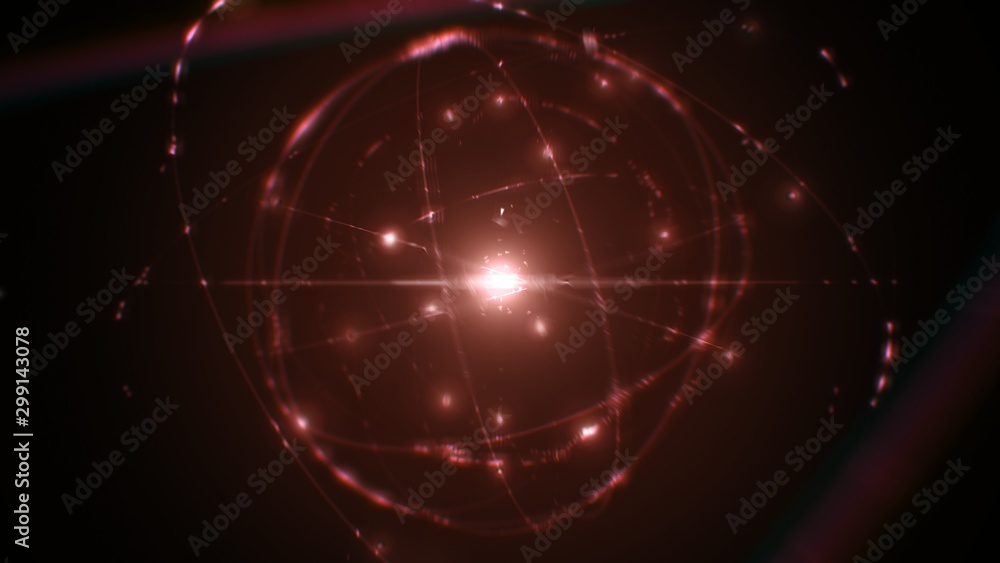 dynamic energetic red atom model concept illustration of glowing proton ...