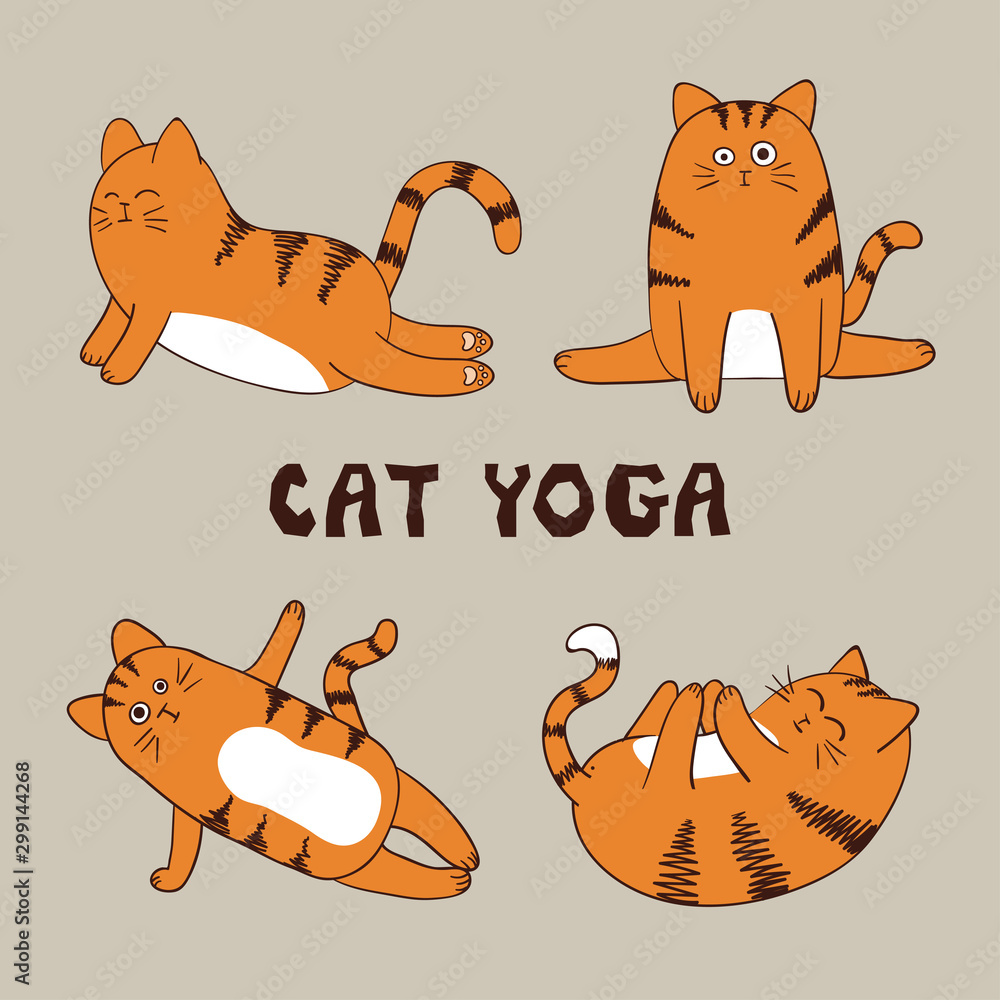Cartoon funny yoga cat vector illustration. Yoga set for kids. Stock ...