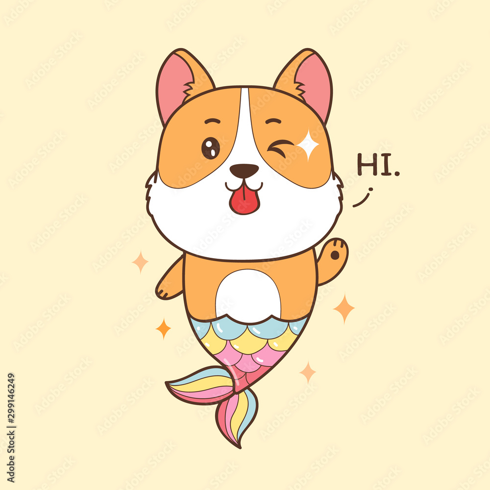 cute corgi mermaid dog cartoon hand draw with pastel colors. Stock ...