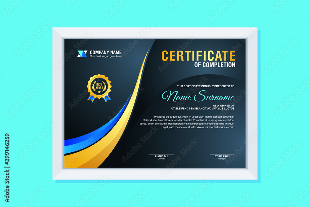 Certificate Template, modern and trendy design, with Blue, gold and ...