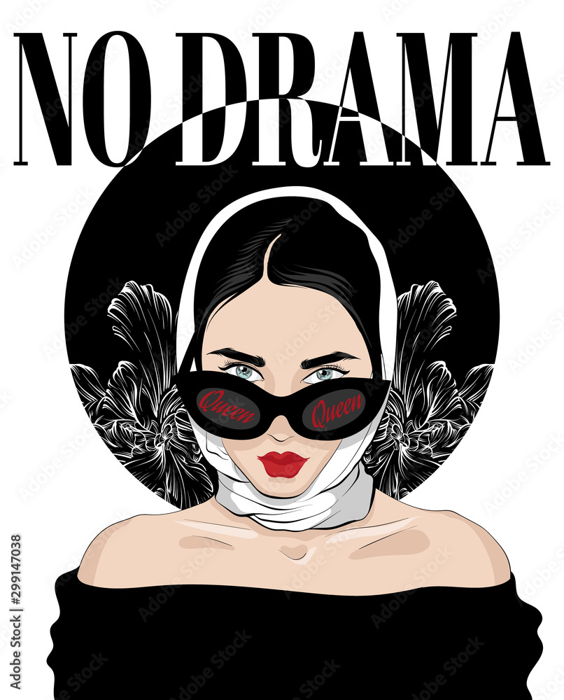 No drama. Vector hand drawn illustration of girl in shawl and glasses ...