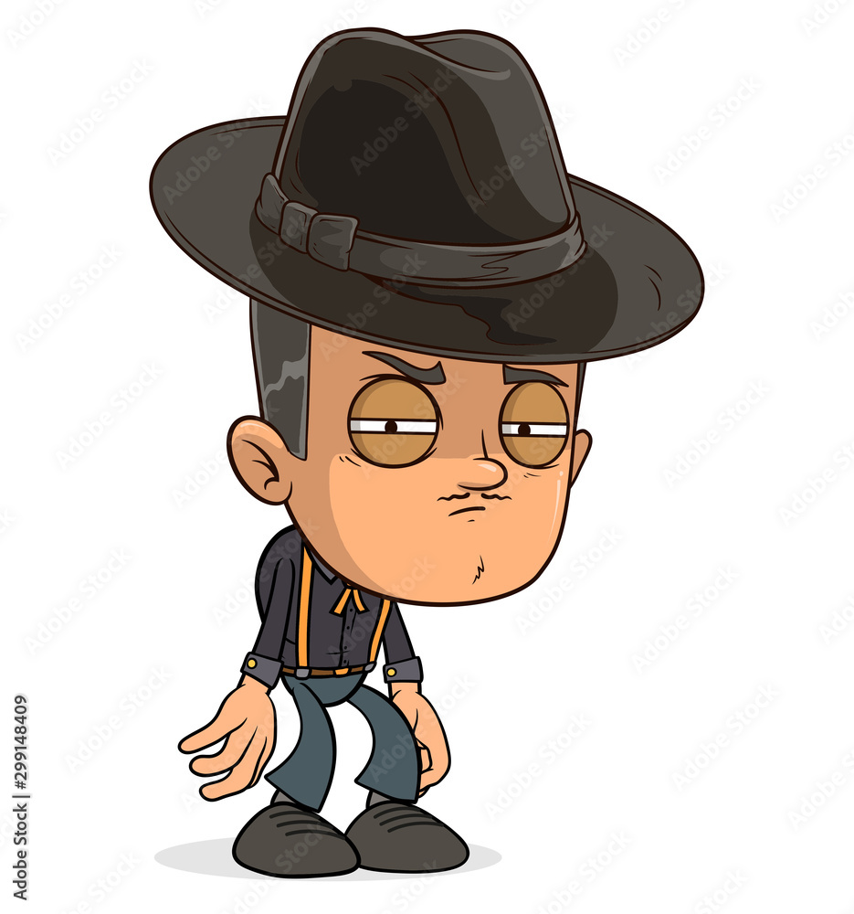 Cartoon funny sad mafia boy character in black hat. Layered EPS ready ...