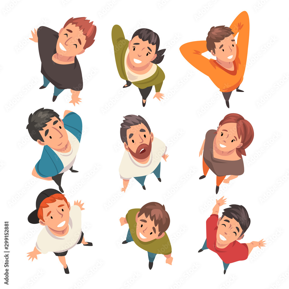 Smiling People Characters Looking Up Set, View from Above Vector ...