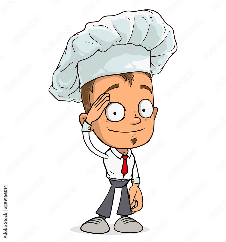Cartoon standing chef cook boy character in uniform and hat with army ...
