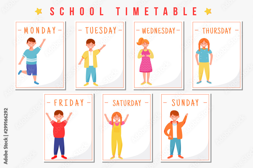 School timetable vector template. Children weekly planner empty pages ...