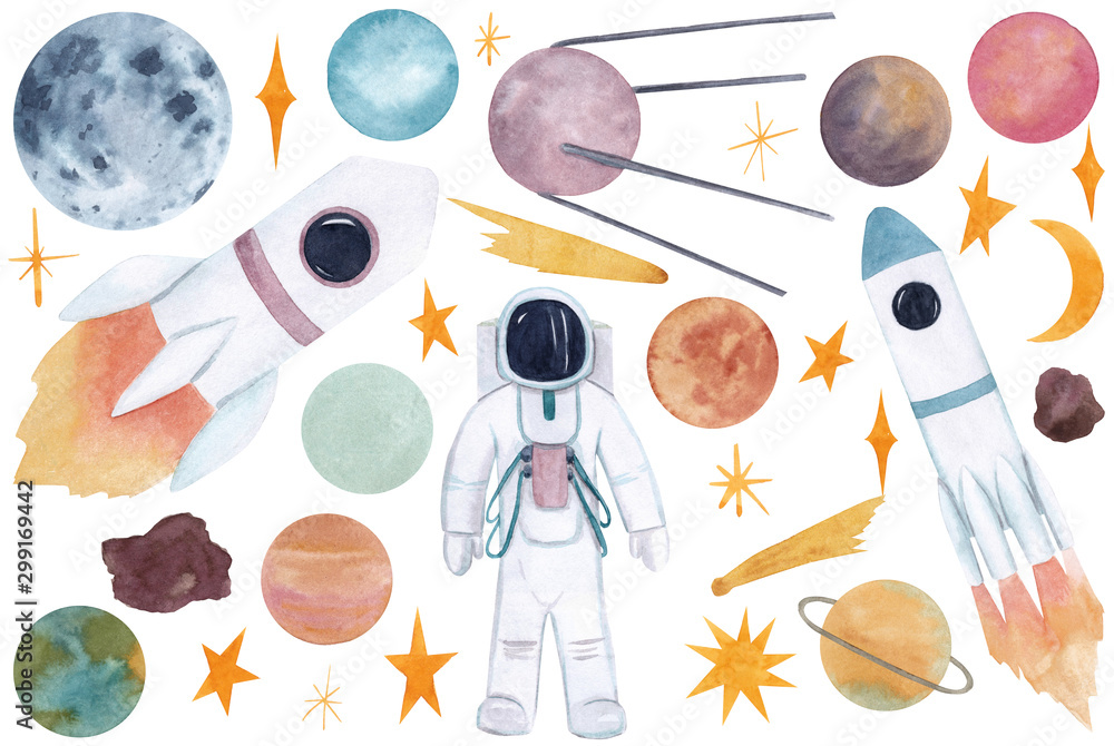 Big space set. Watercolor hand drawn illustrations with space objects ...