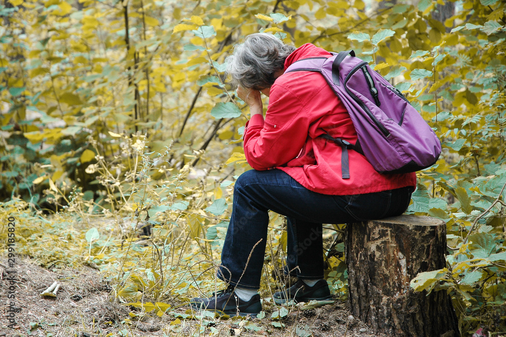 old senior woman in forrest woods lost abandoned left alone future ...