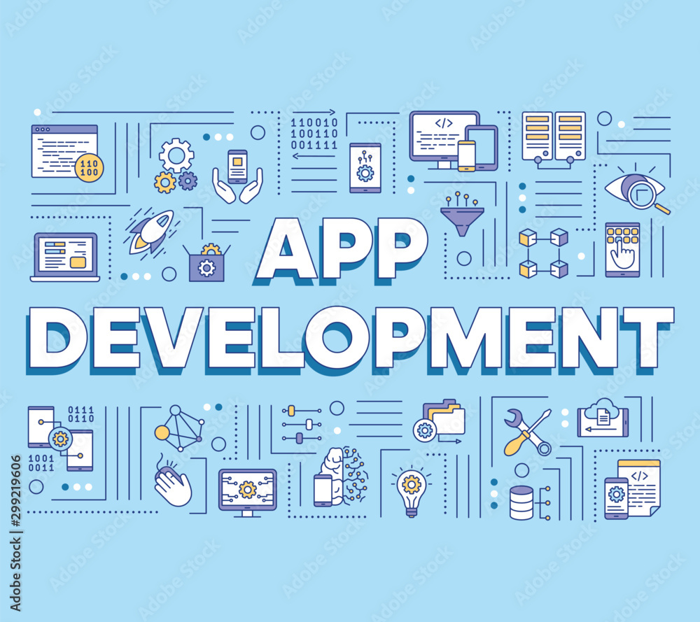 App development word concepts banner. Mobile software coding. Computer ...
