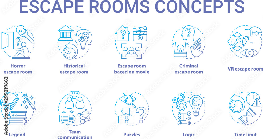 Escape room blue gradient concept icons set. Quest types idea thin line ...