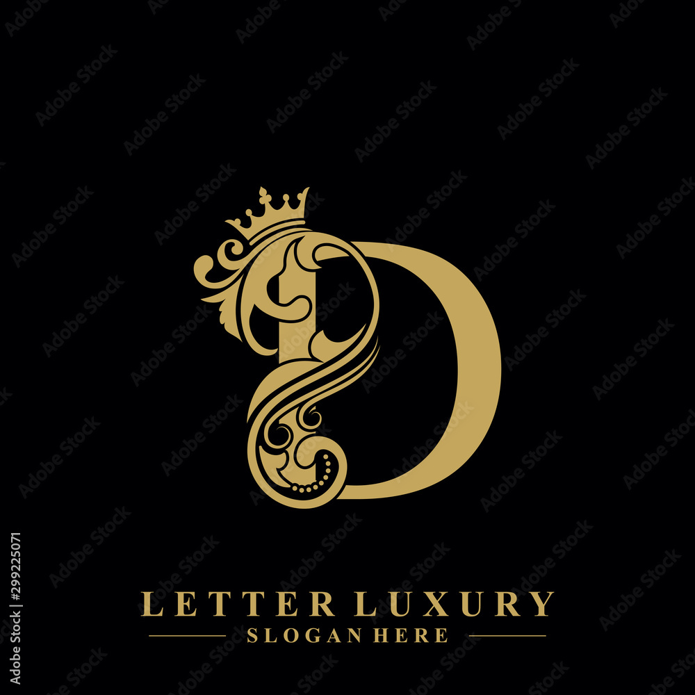 Initial letter D luxury beauty flourishes ornament with crown logo ...