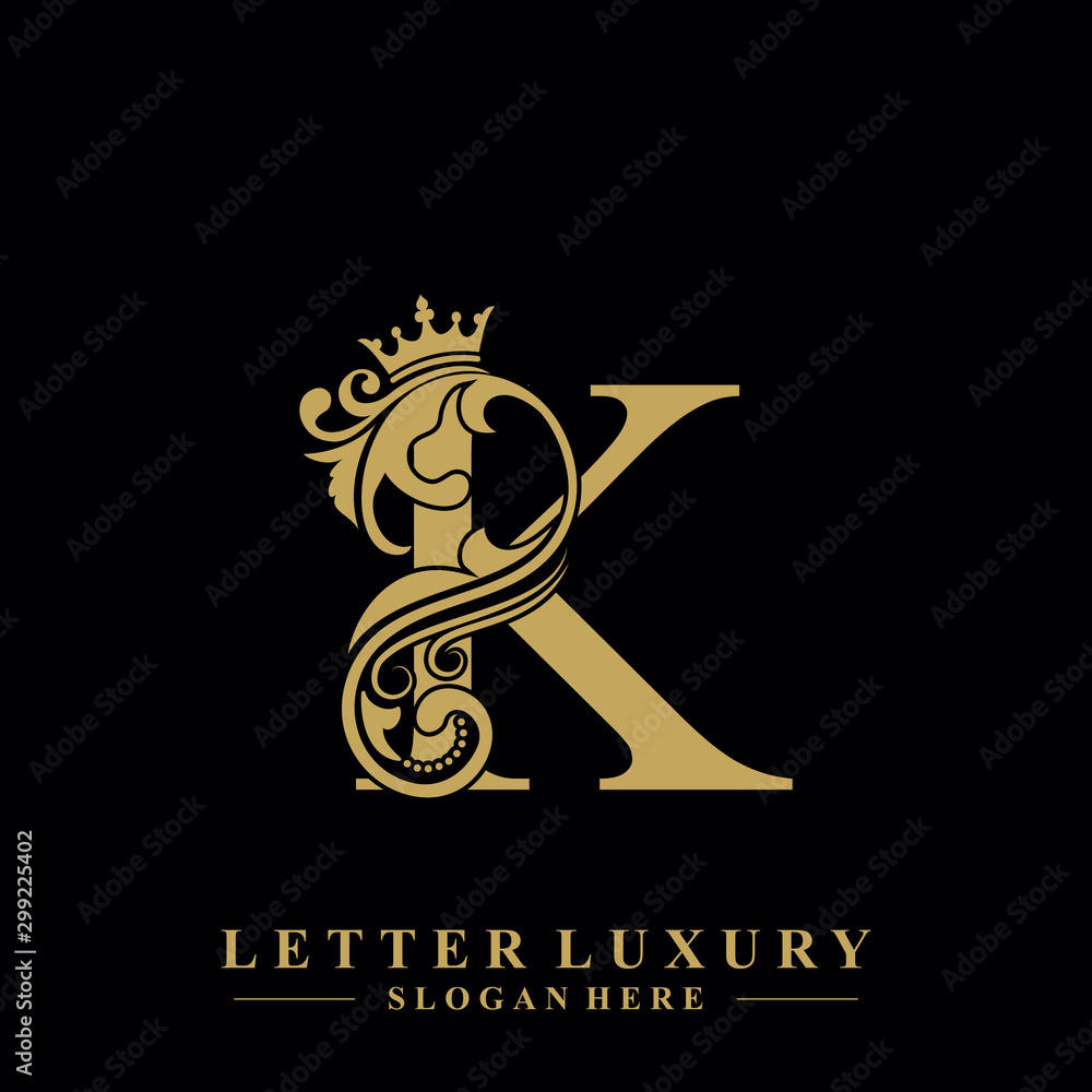 Initial letter K luxury beauty flourishes ornament with crown logo ...