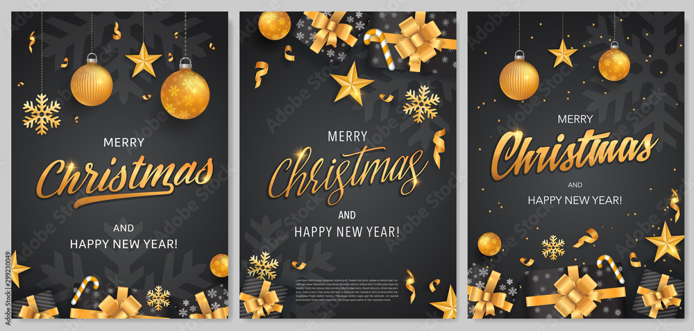 Merry Christmas and Happy New Year black backgrounds template set with ...