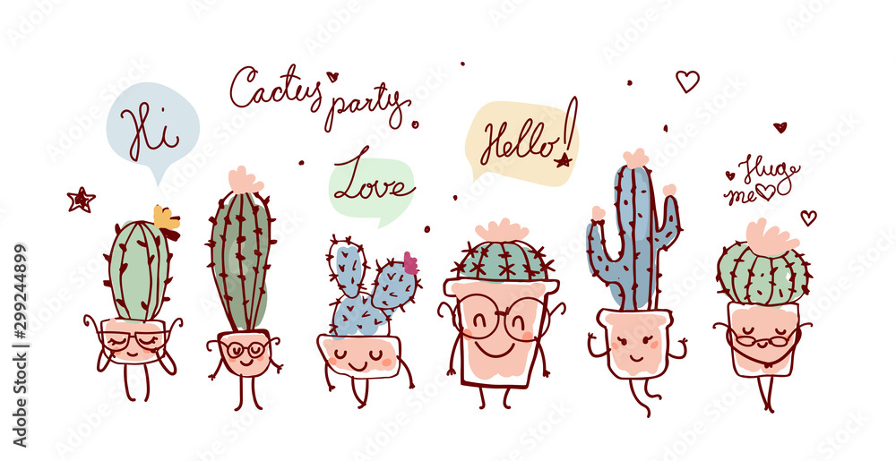 Banner with cute cactus characters. Positive plants exchange pleasant ...