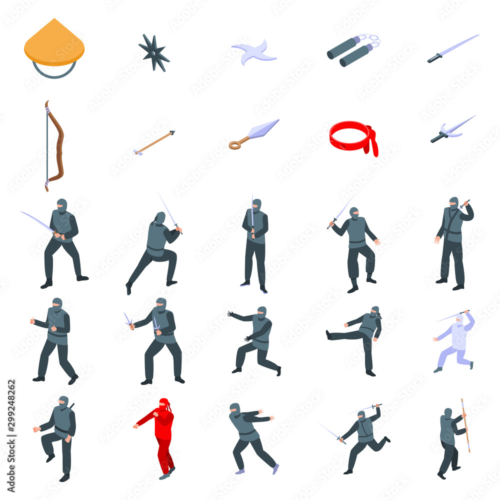 Ninja icons set. Isometric set of ninja vector icons for web design ...
