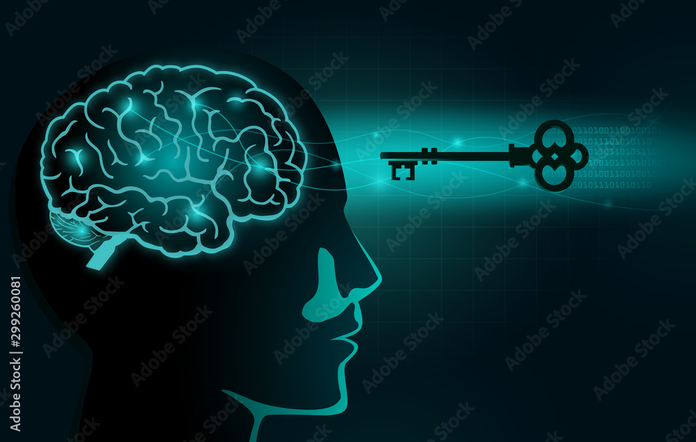 The Secret Key move into human head with brain inside. Illustration ...