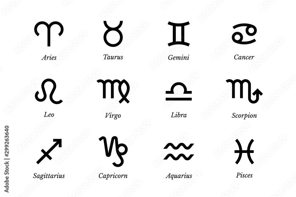 Flat schematic zodiac signs set with lettering Stock Vector | Adobe Stock