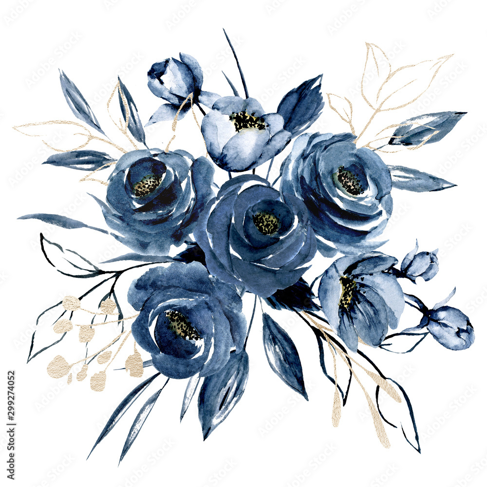 Navy blue flowers watercolor, floral clip art. Bouquet roses perfectly ...