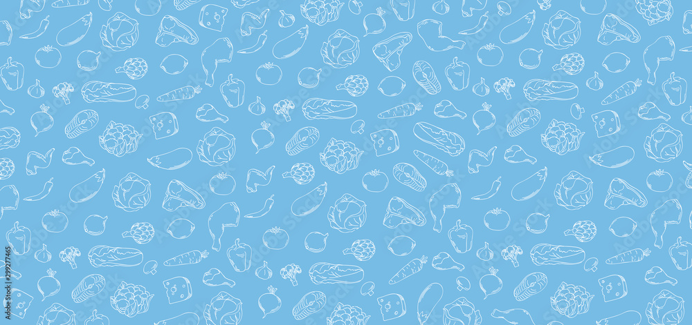 Horizontal blue background with white doodles of food ingredients ...