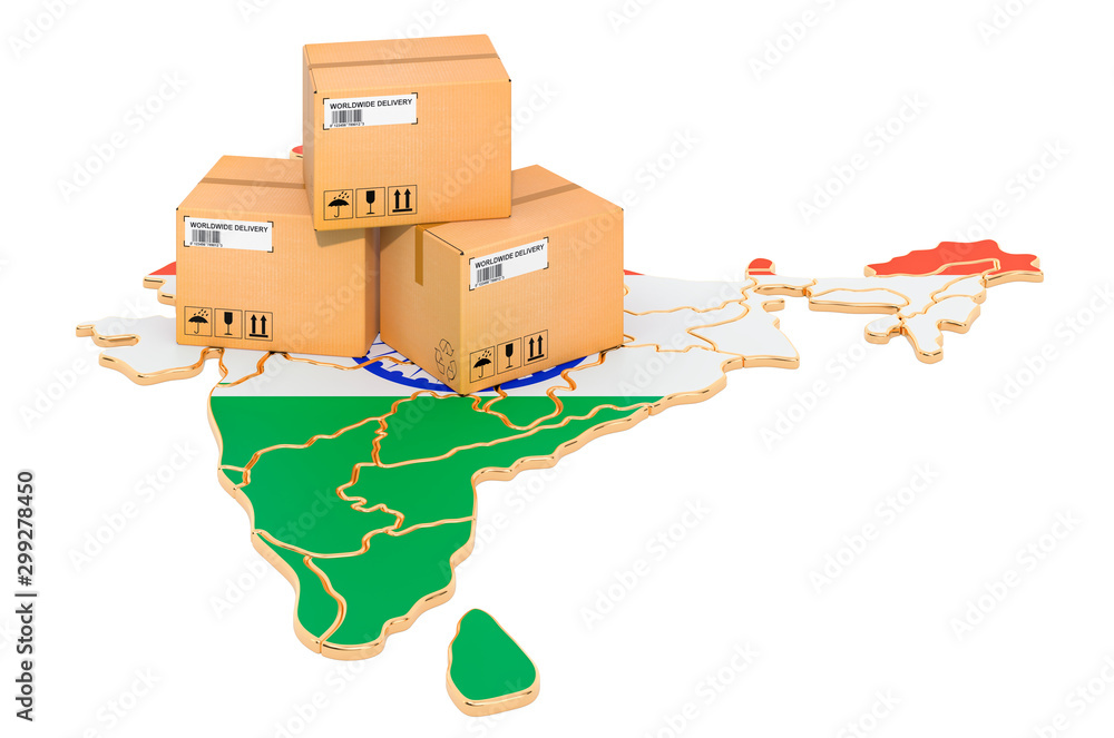 Parcels on the Indian map. Shipping in India, concept. 3D rendering ...