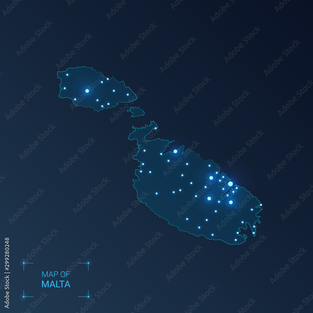 Malta map with cities. Luminous dots - neon lights on dark background ...