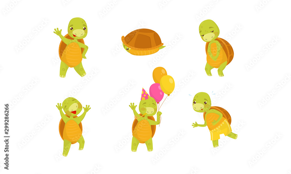 Cartoon Kids Turtle Character Vector Illustrated Set Stock Vector ...