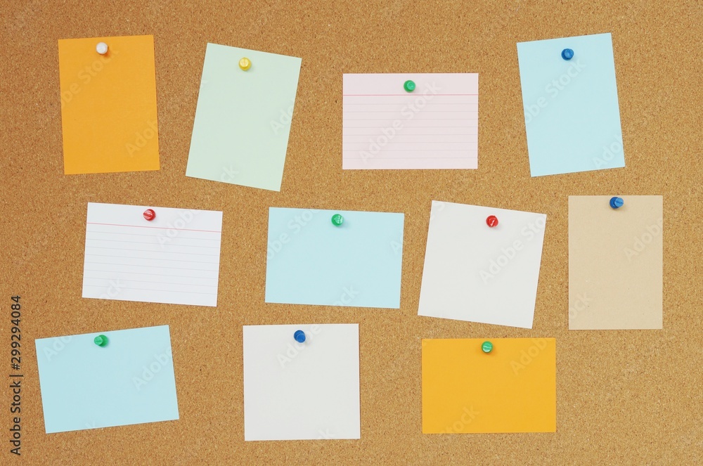 blank paper notes stick and pin on cork board. cork board with blank ...