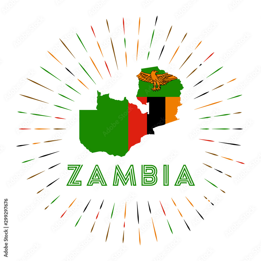 Zambia sunburst badge. The country sign with map of Zambia with Zambian ...
