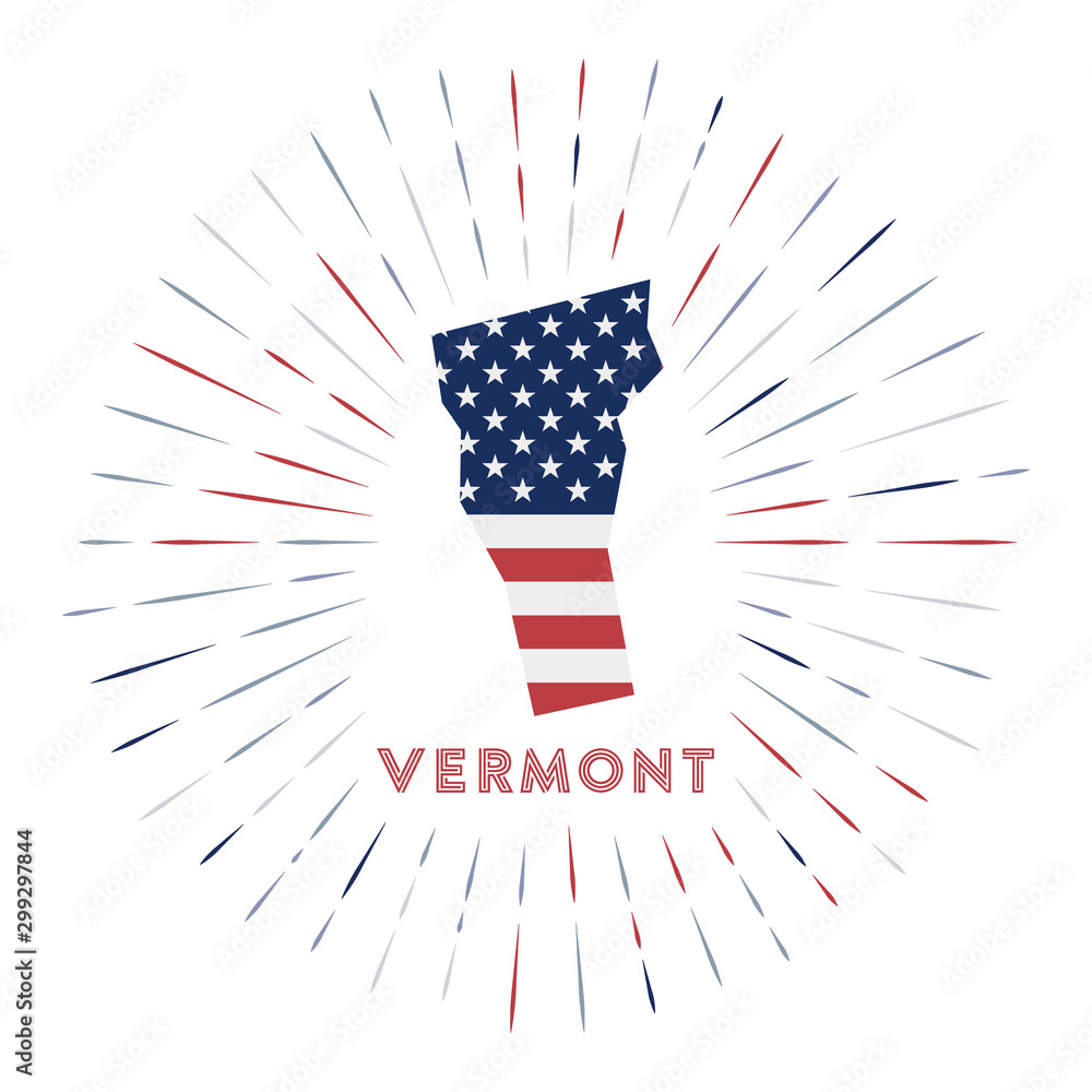 Vermont sunburst badge. The us state sign with map of Vermont with ...