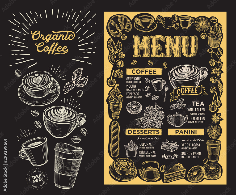 Coffee drink menu template for restaurant with doodle hand-drawn ...